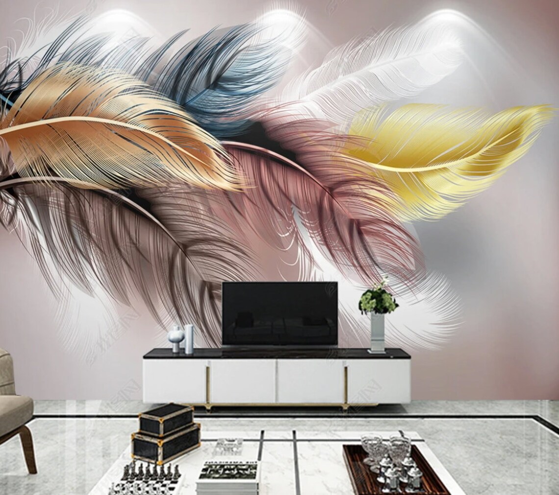 Colorful Feathers Pattern Living Room Wallpaper Art - Etsy