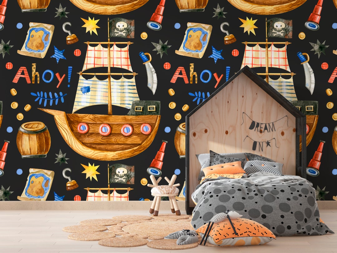Ahoy Pirate Wallpaper Peel and Stick Kids Wallpaper, Nursery Mural ...