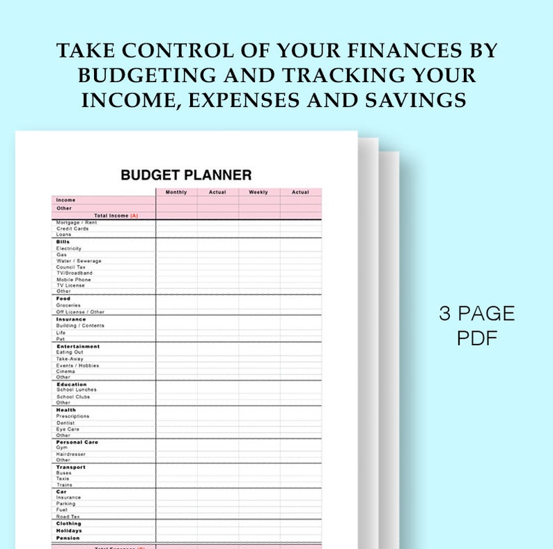 Budget Planner Printable PDF With Income and Expenses Personal Budget ...
