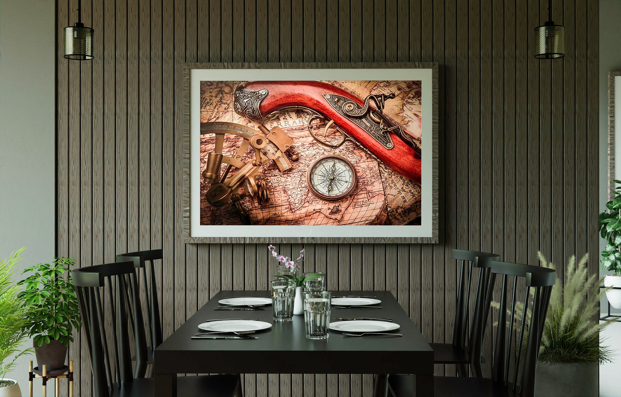 Compass World Map & Weapon Canvas, Vintage Print, Painting, Frame ...