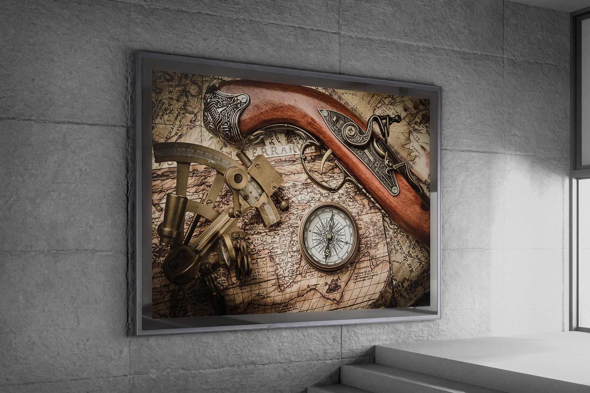 Compass World Map & Weapon Canvas Vintage Print Painting - Etsy