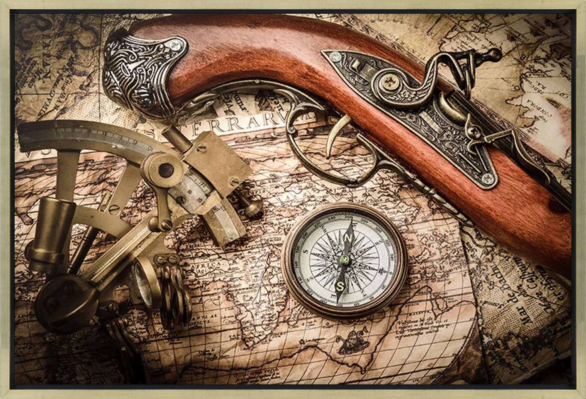 Compass World Map & Weapon Canvas Vintage Print Painting - Etsy