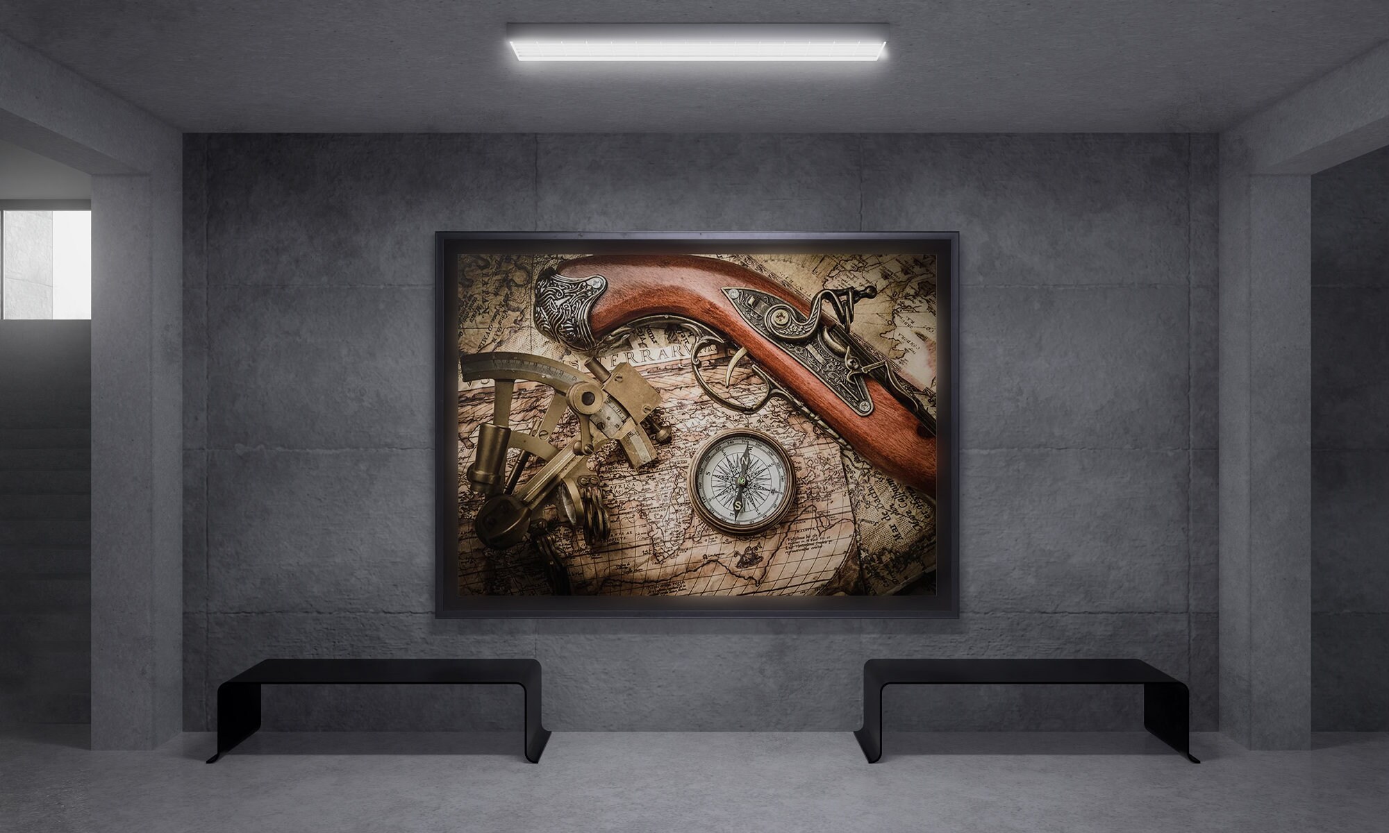 Compass World Map & Weapon Canvas, Vintage Print, Painting, Frame ...