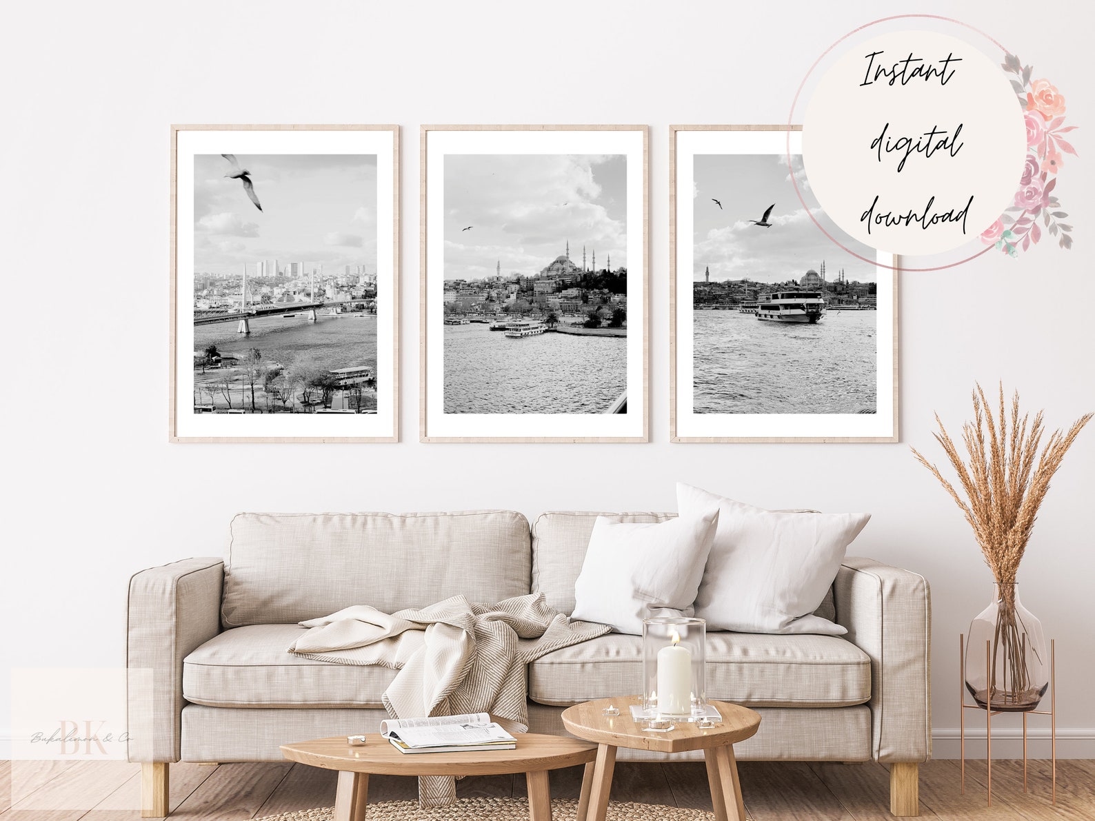 Istanbul Turkey Black and White Set of 3 Wall Prints, Istanbul Turkey ...
