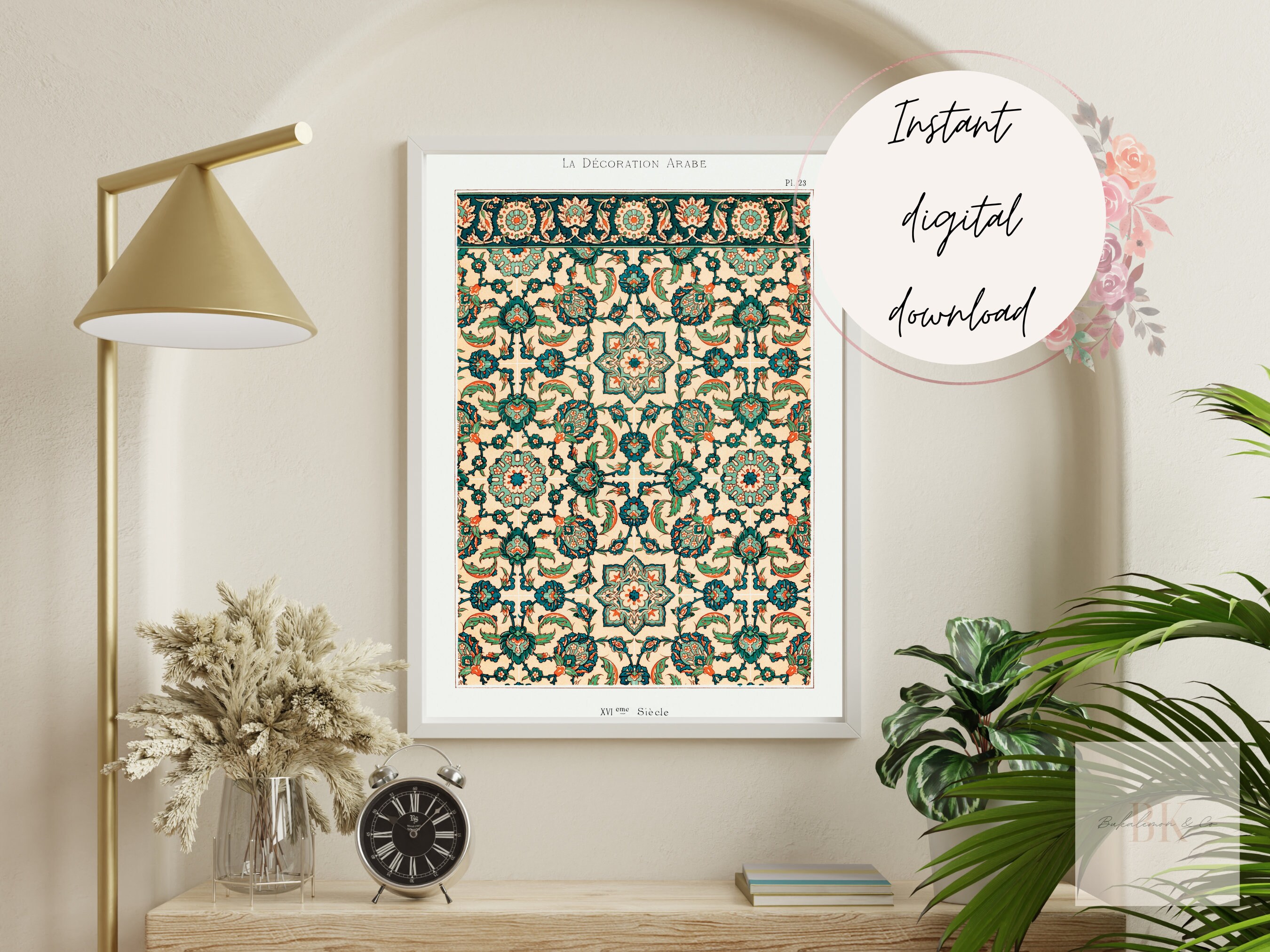 Green Vintage Arab Arabesque Pattern Print, 19th Century Arabic Art ...