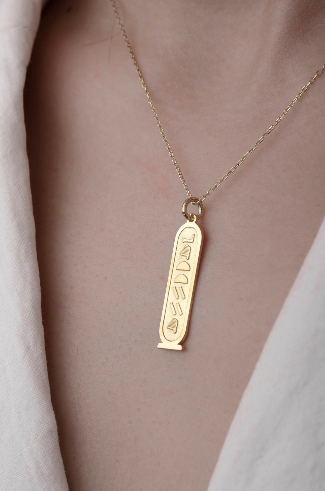 14k Solid Gold Personalized Cartouche Necklace, Dainty Hieroglyph ...