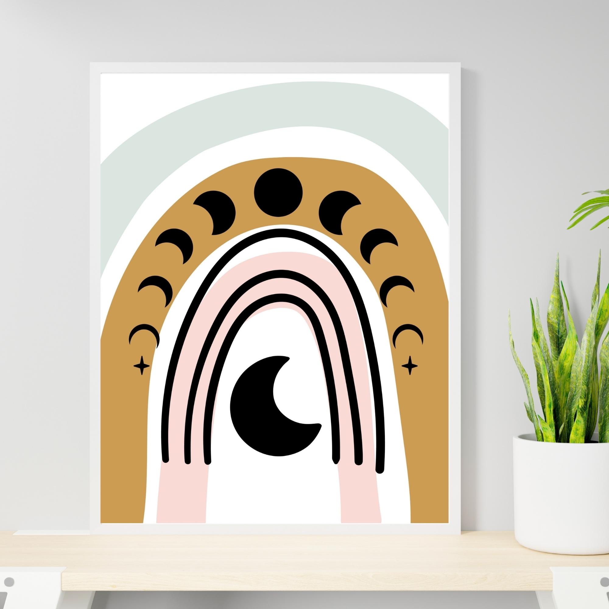 Boho Moon Phase Wall Art – Abstract Rainbow Print – Minimalist ...