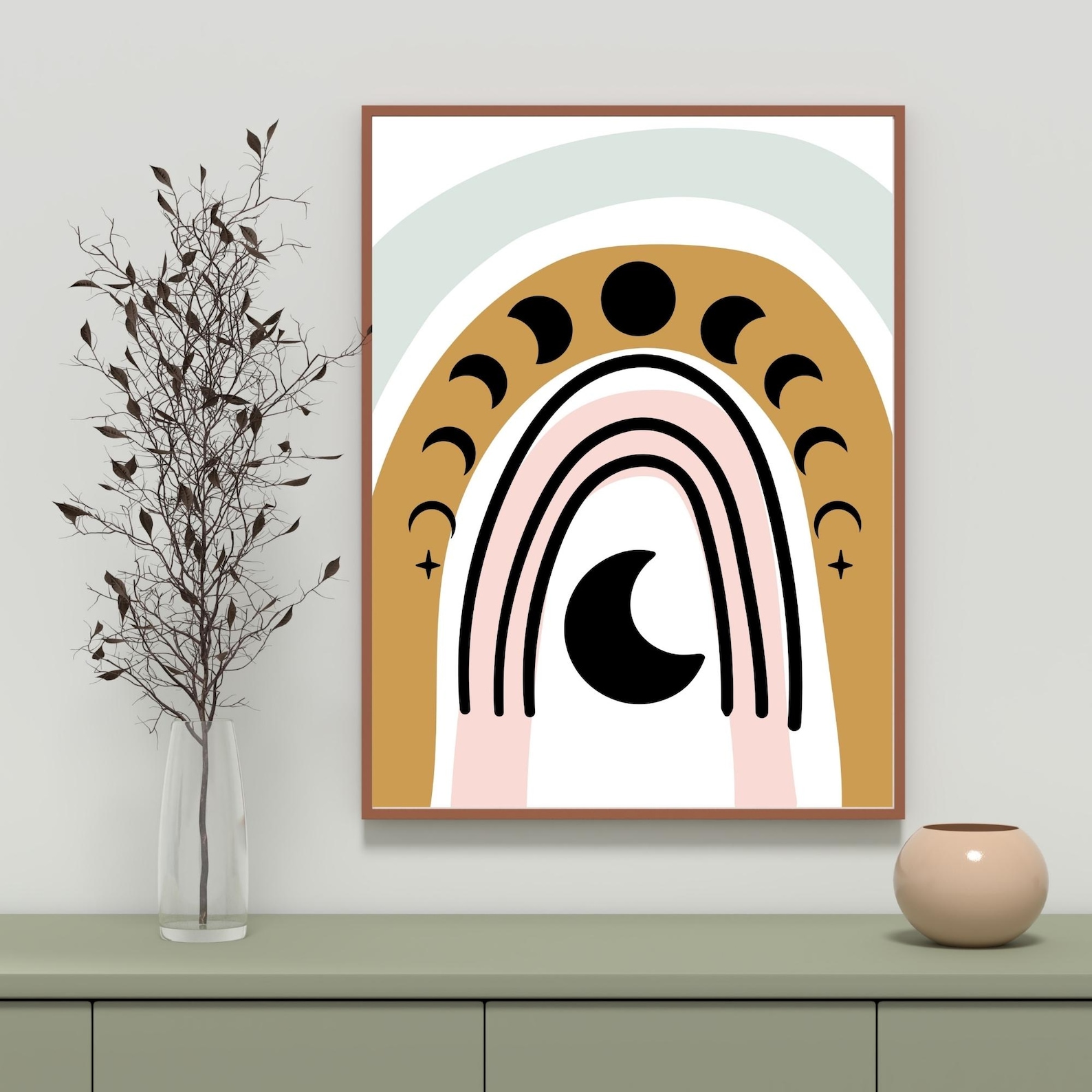 Boho Moon Phase Wall Art – Abstract Rainbow Print – Minimalist ...