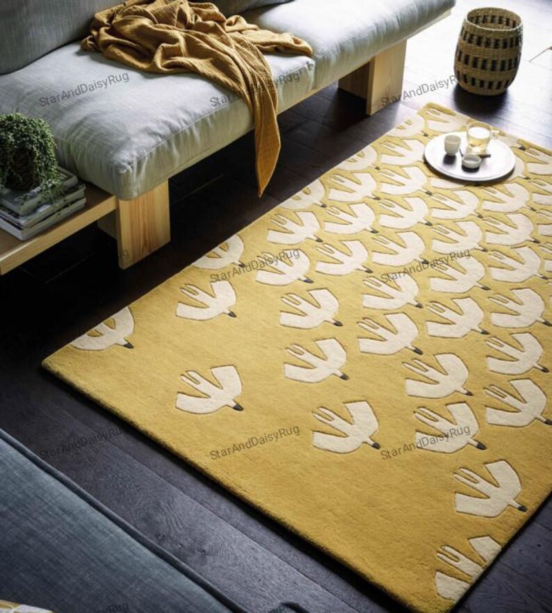 Birds Pattern Yellow Kids Cut-out Hand-tufted 100% Wool Handmade Area ...