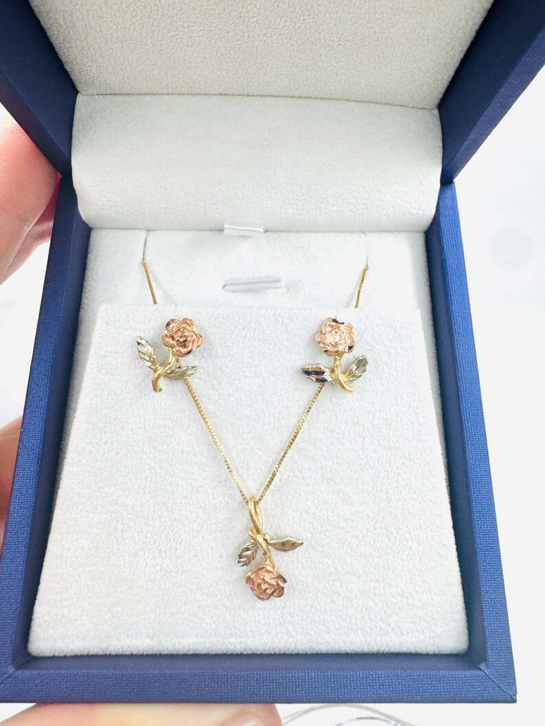 14K Tri-color Gold Rose Pendant Necklace and Earrings Set, 19in Chain ...