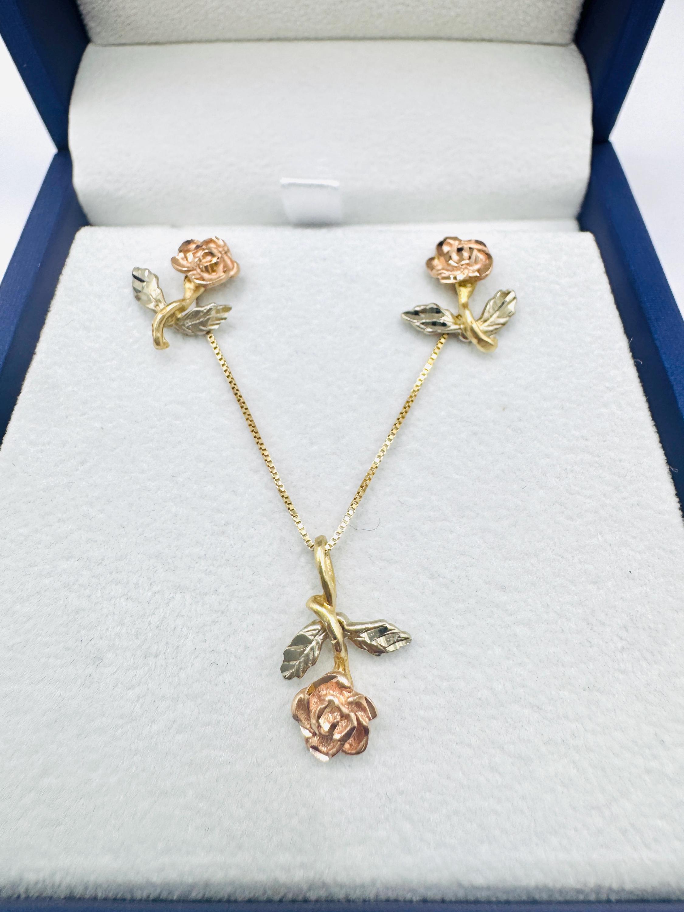 14K Tri-color Gold Rose Pendant Necklace and Earrings Set, 19in Chain ...
