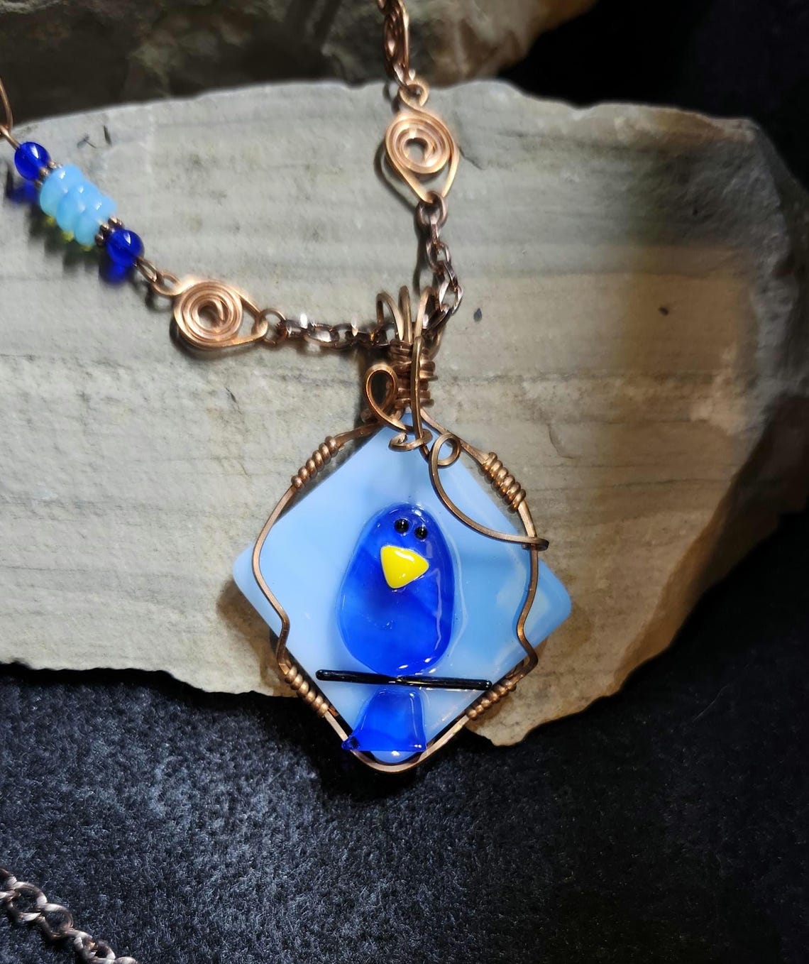Fused Glass Bluebird Pendant: Wire Wrapped Copper Necklace - Etsy