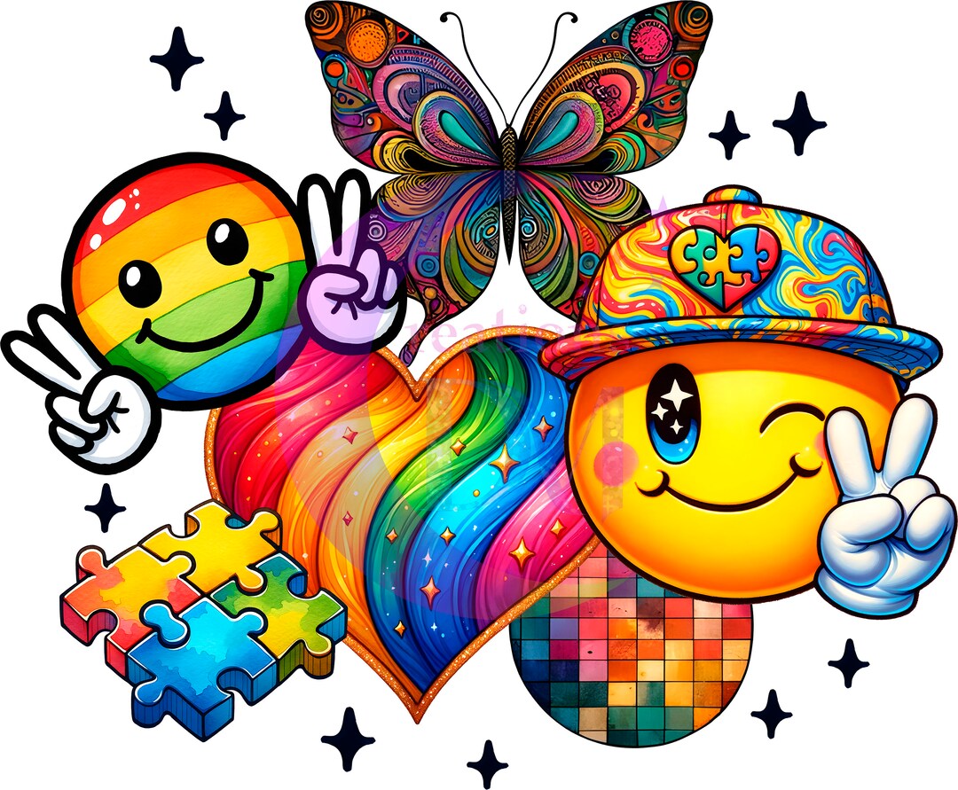 Autism DTF Autism Smiley Face With Peace Sign and Butterfly - Etsy