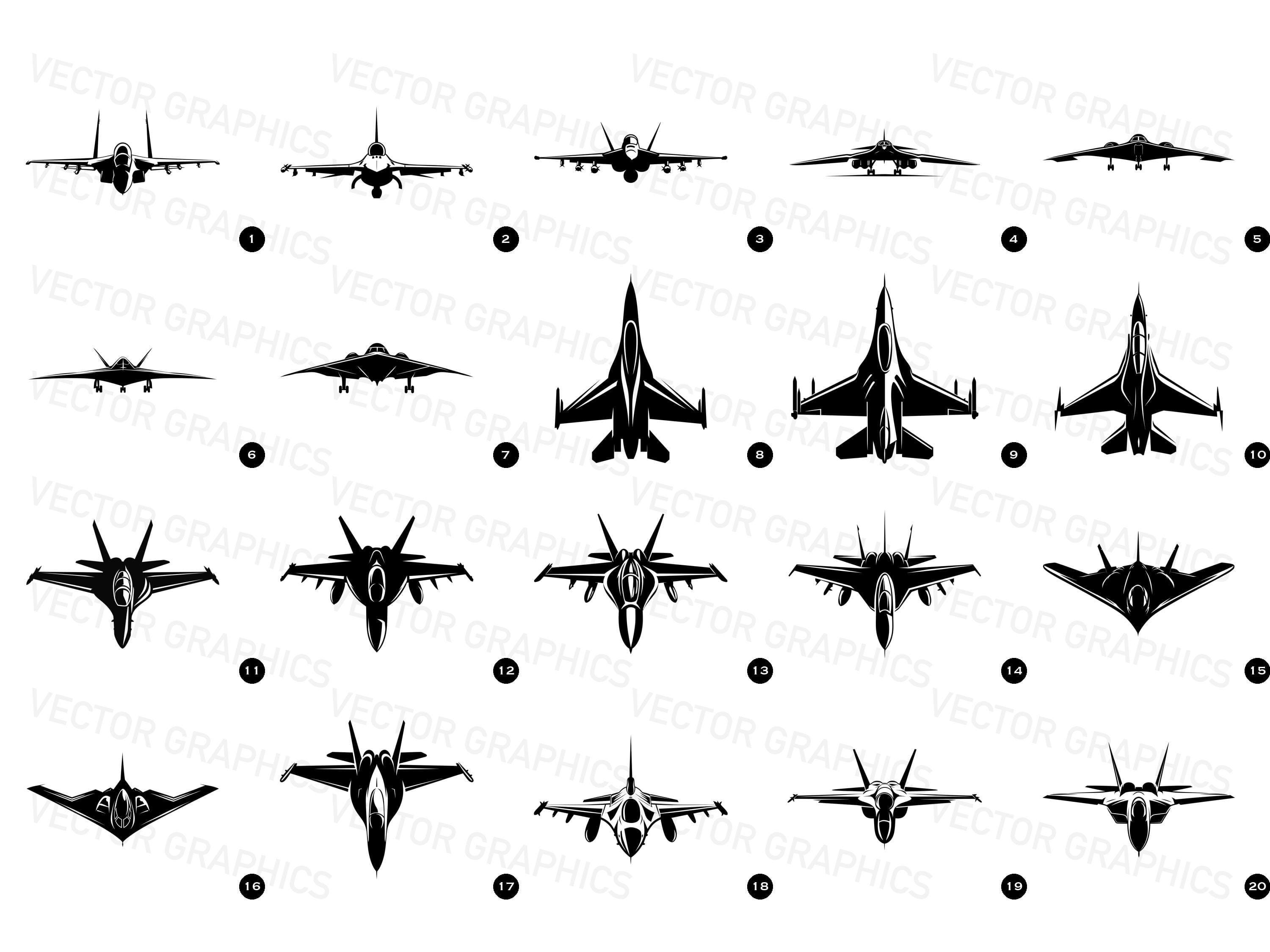20 Military Aircraft Vector Designs, Jets, Stealth Bomber, Black ...