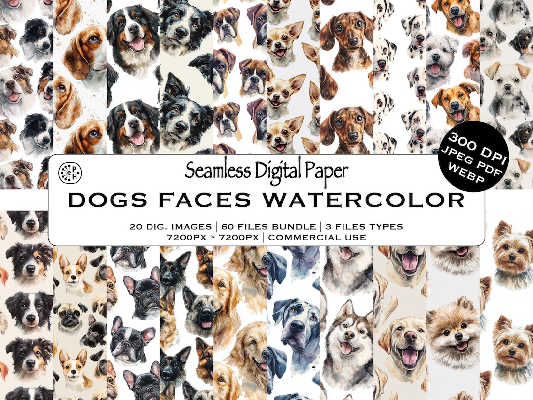 Cute Dog Faces Seamless Pattern Pack, Watercolor Pastel Tones, Digital ...