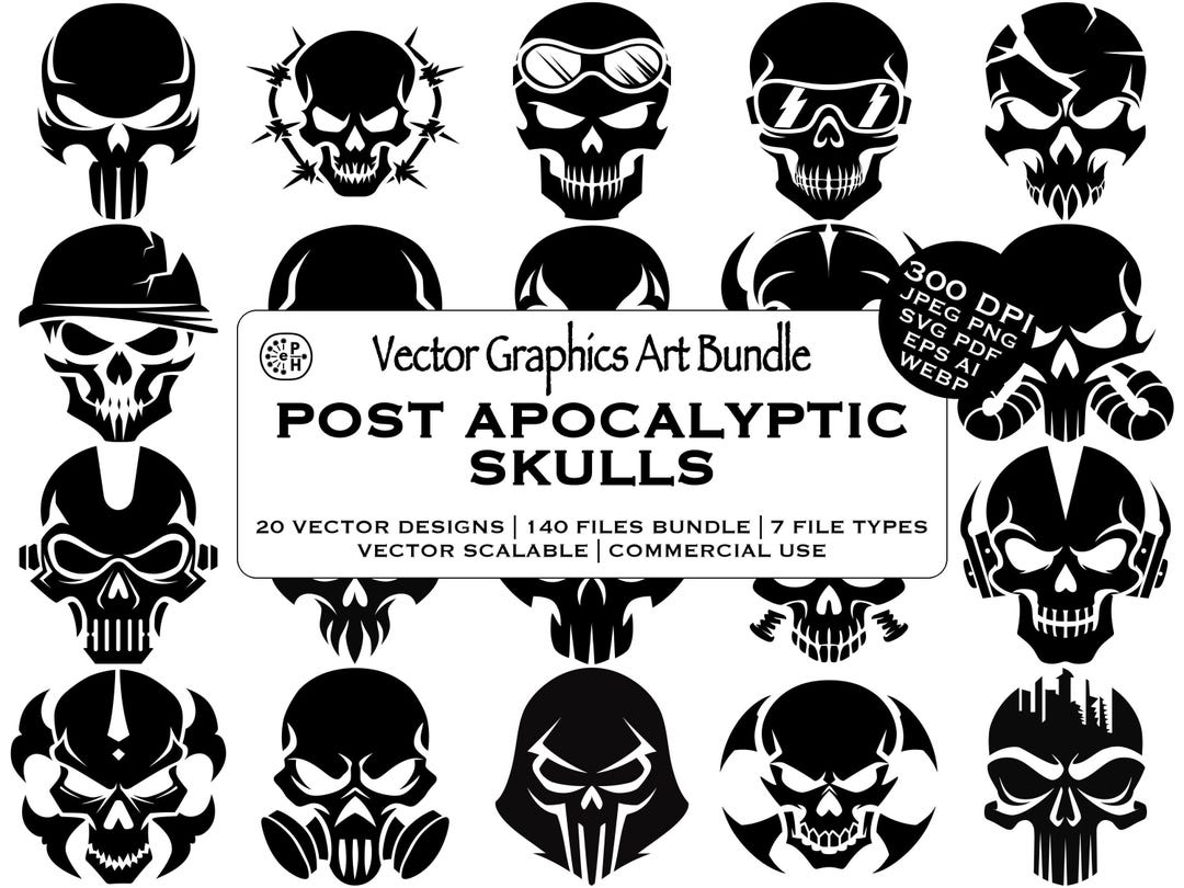 Post Apocalyptic Skulls Vector Bundle, Tattoo Clipart Logo Skull ...