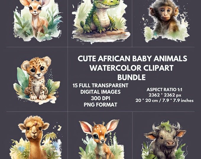 Babies of Africa 2. Watercolor Animals Clipart, Elephant, Giraffe, Bird ...