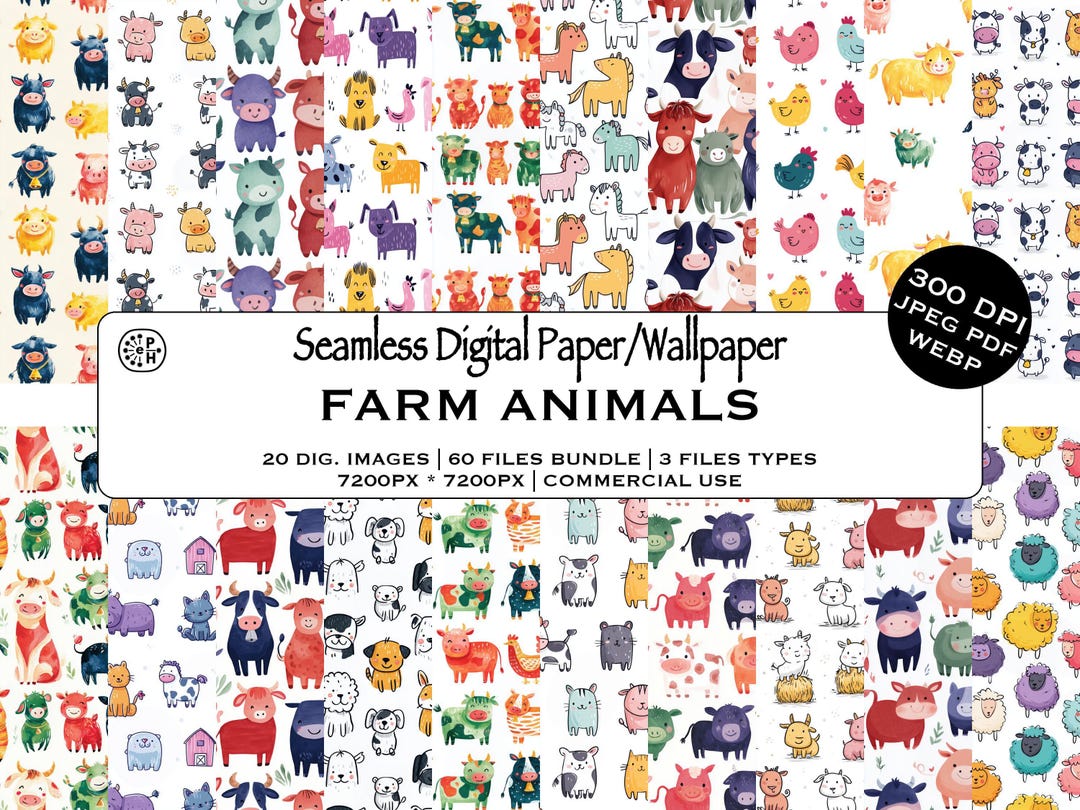 Farming Farm Animals, Seamless Pattern Bundle, Decoration Nursery, Dogs ...