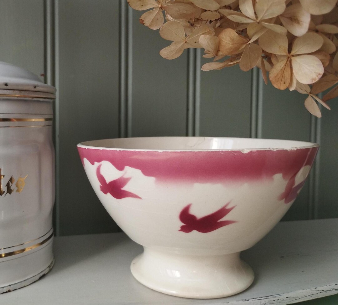 French Antique Café Au Lait Bowl. BADONVILLER « Swallows » Stenciled ...