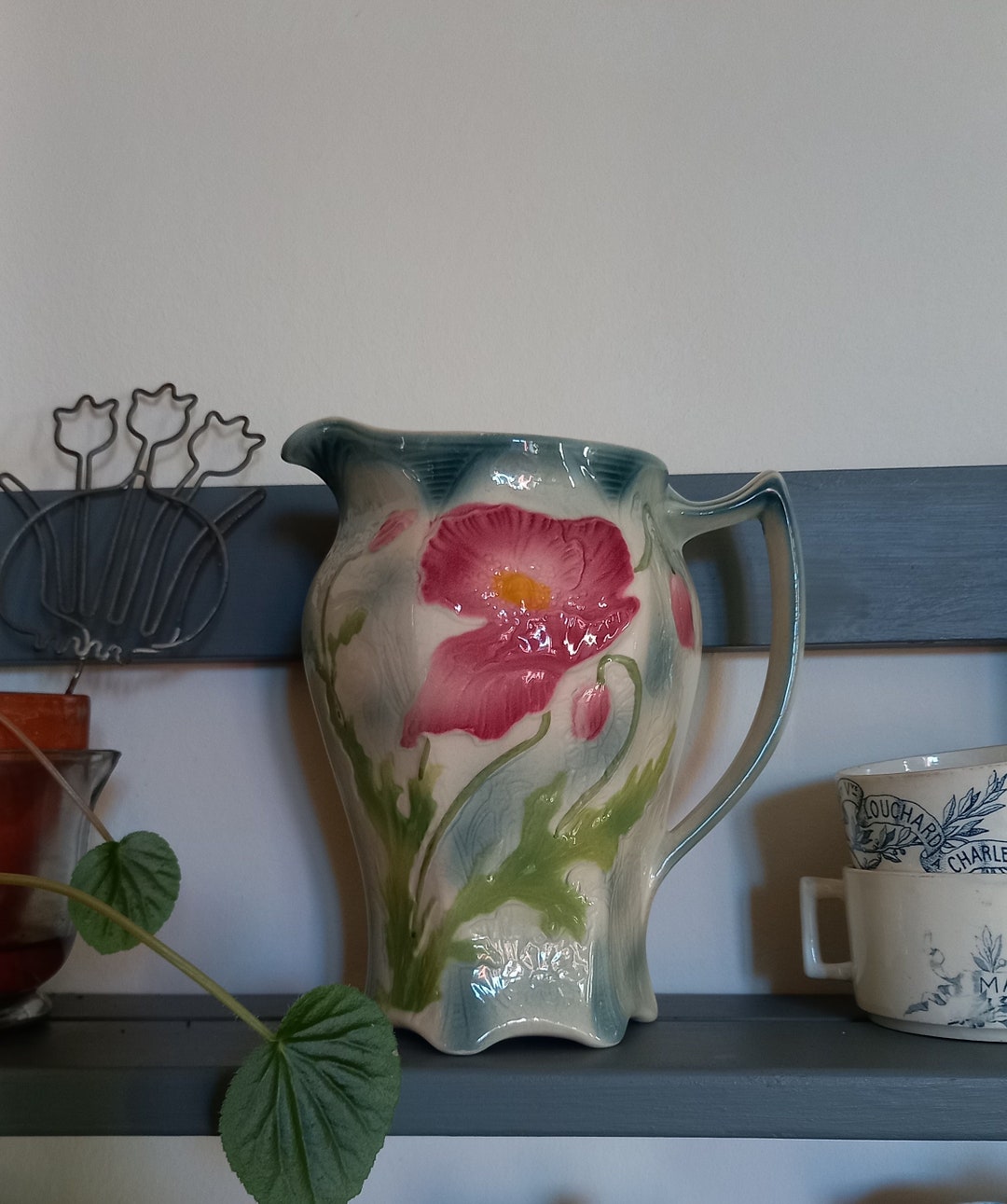 French Antique Barbotine Pitcher Vase. SAINT-CLEMENT « 7330 » Poppy ...