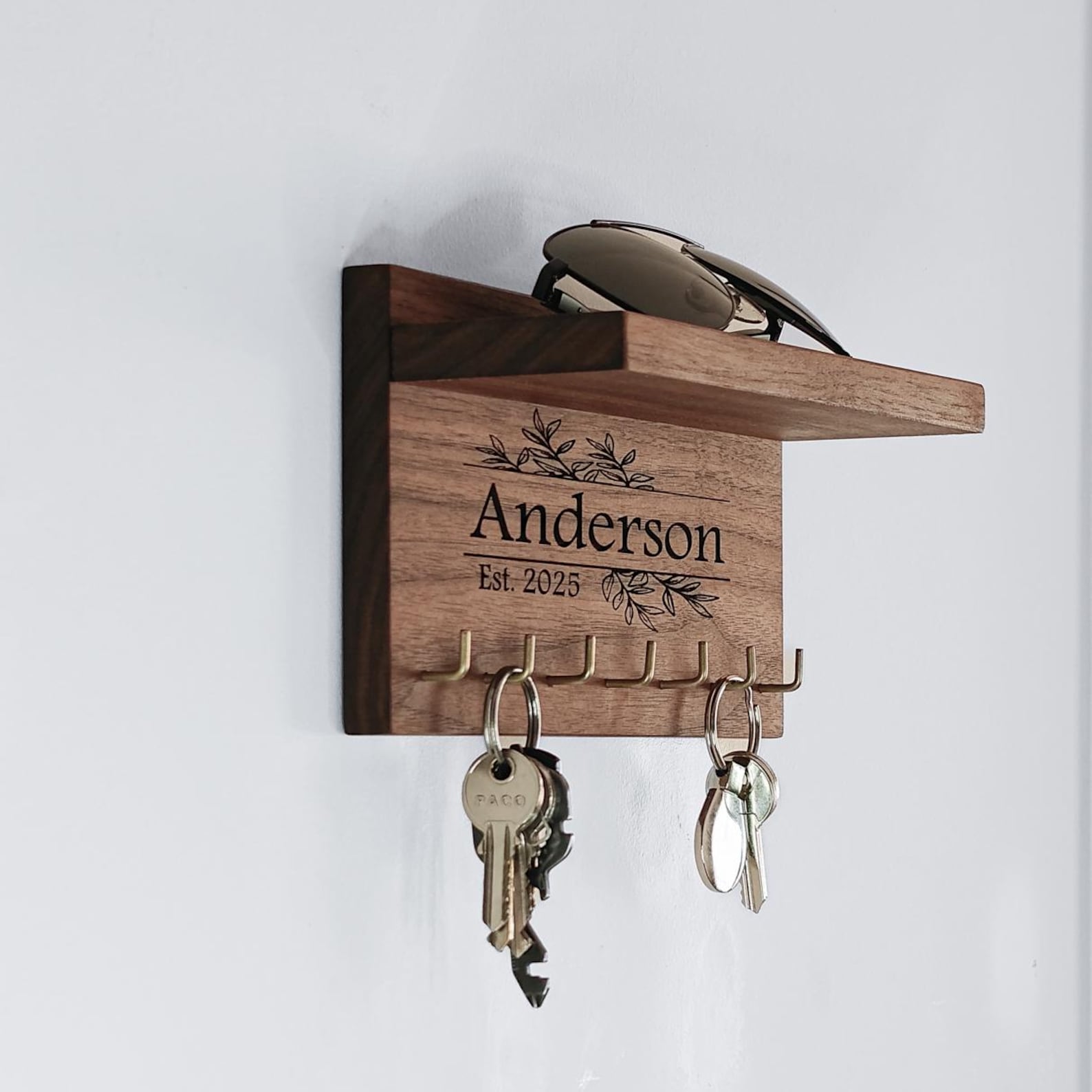 Custom Engraved Walnut Key Rack With Shelf: Handmade Entryway Organizer ...