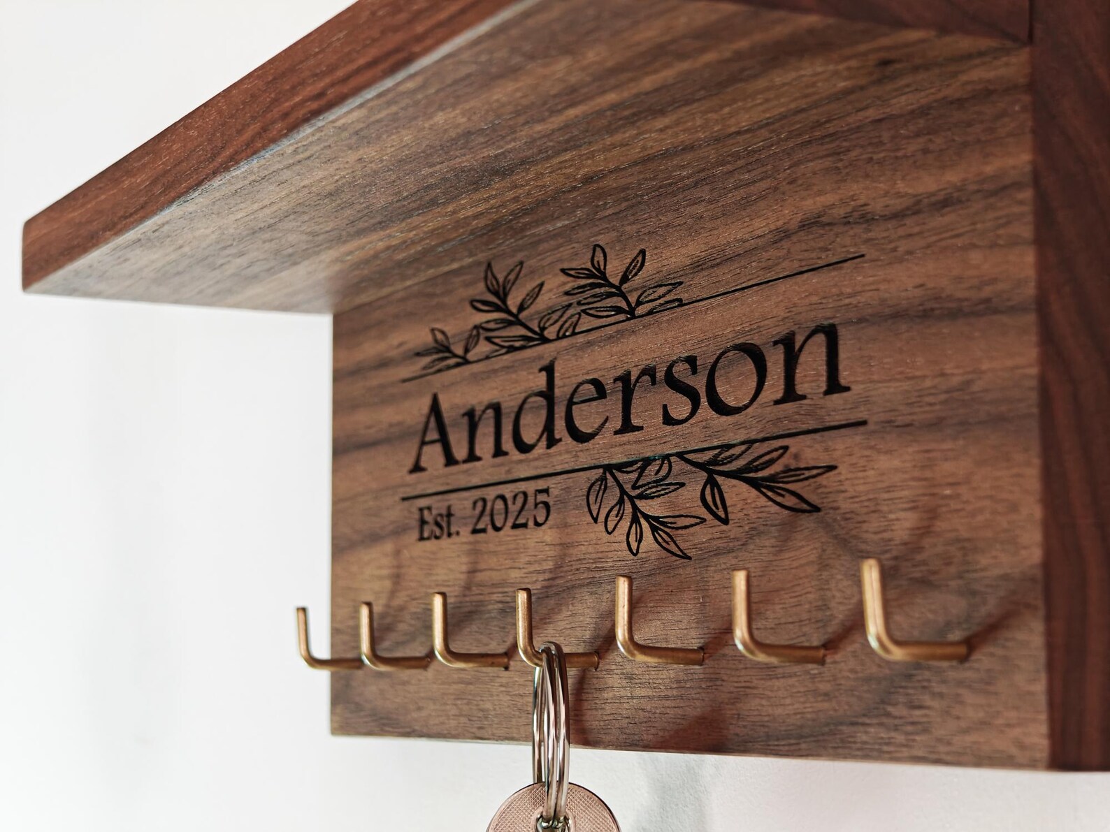Custom Engraved Walnut Key Rack With Shelf: Handmade Entryway Organizer ...