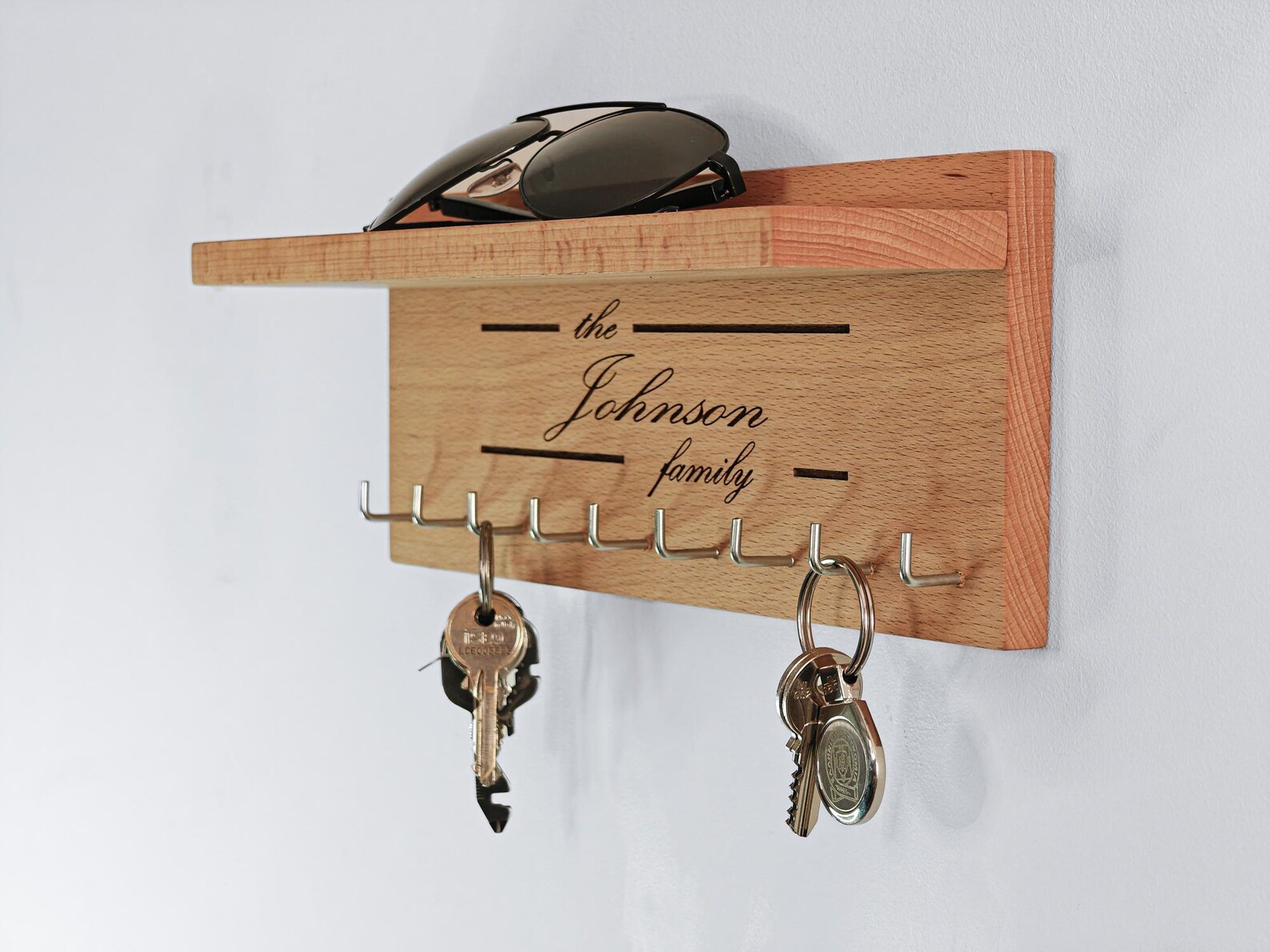 Custom Engraved Walnut Key Rack With Shelf: Handmade Entryway Organizer ...