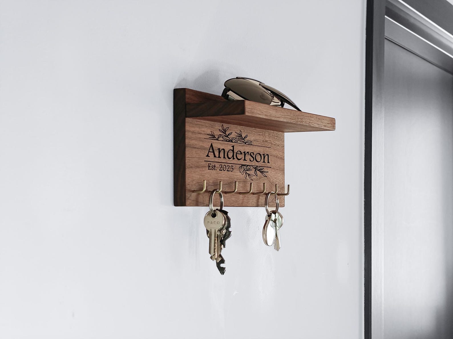 Custom Engraved Walnut Key Rack With Shelf: Handmade Entryway Organizer ...