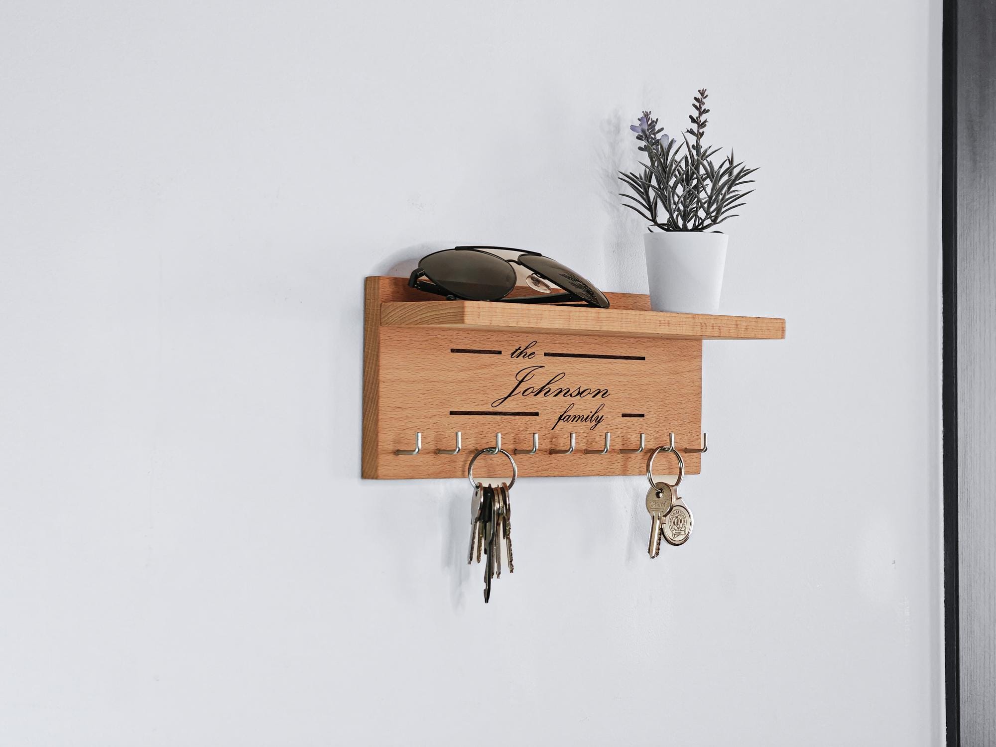 Custom Engraved Walnut Key Rack With Shelf: Handmade Entryway Organizer ...