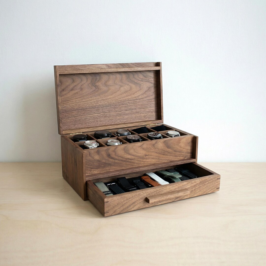Handmade Watch Box With Drawer - Solid Black Walnut - 10 Watch ...