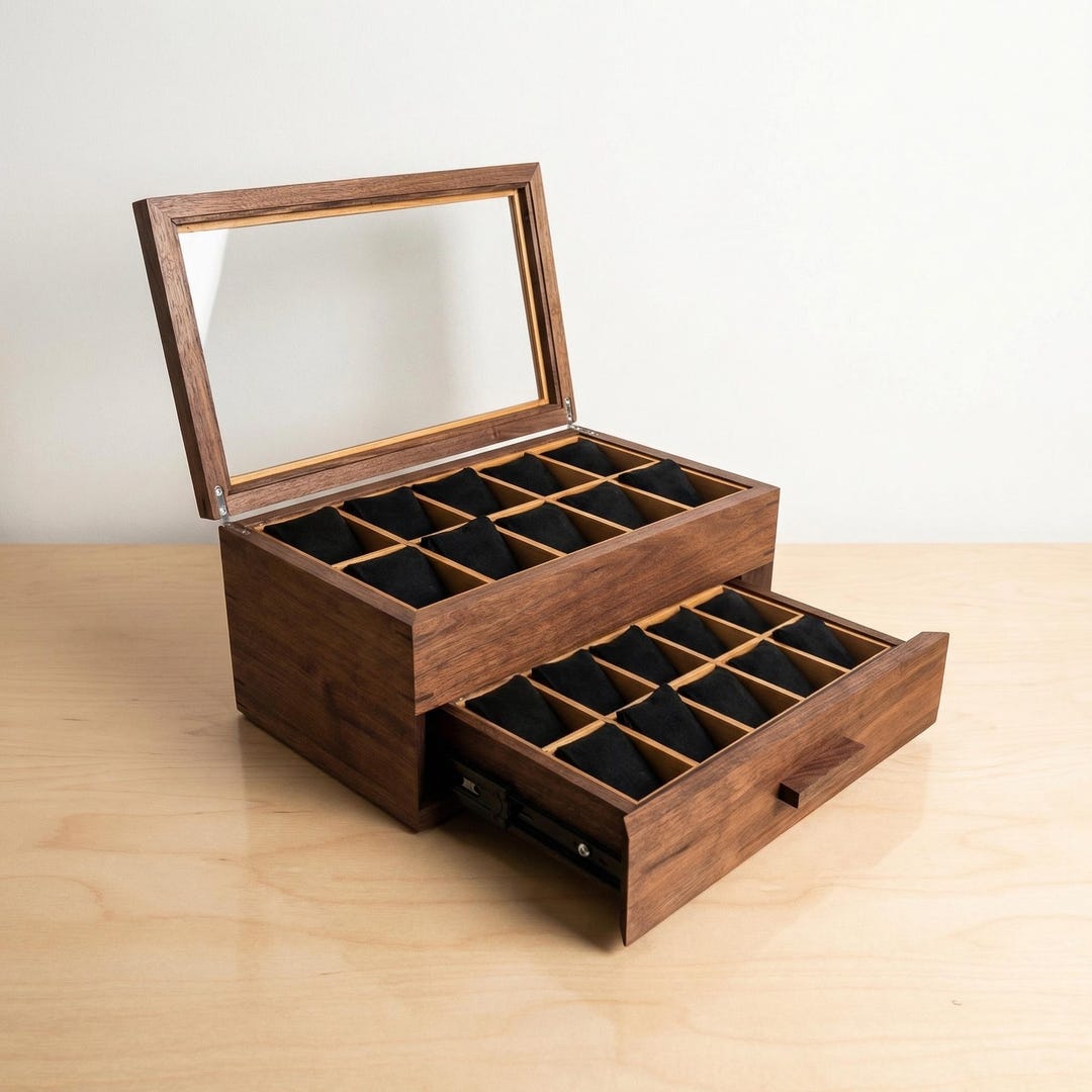 Watch Box With Drawer With 20 Pockets-dark Walnut-handmade - Etsy