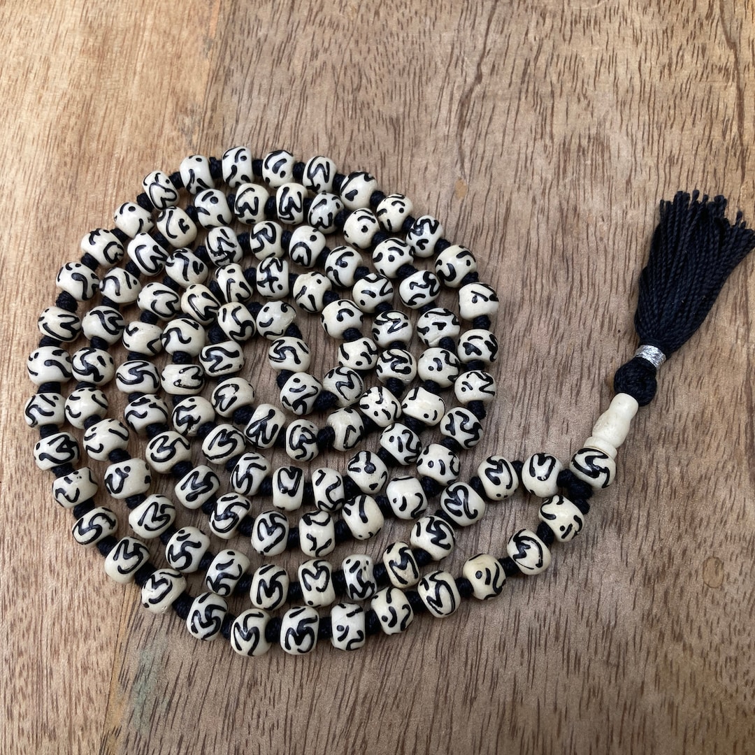 Om Engraved Yak Bone Skull Mala, Kapala Prayer Beads, Protection ...