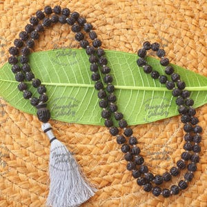 Radha Engraved Black Tulsi Mala for Rejuvenation, Basil Wood Bead Mala ...