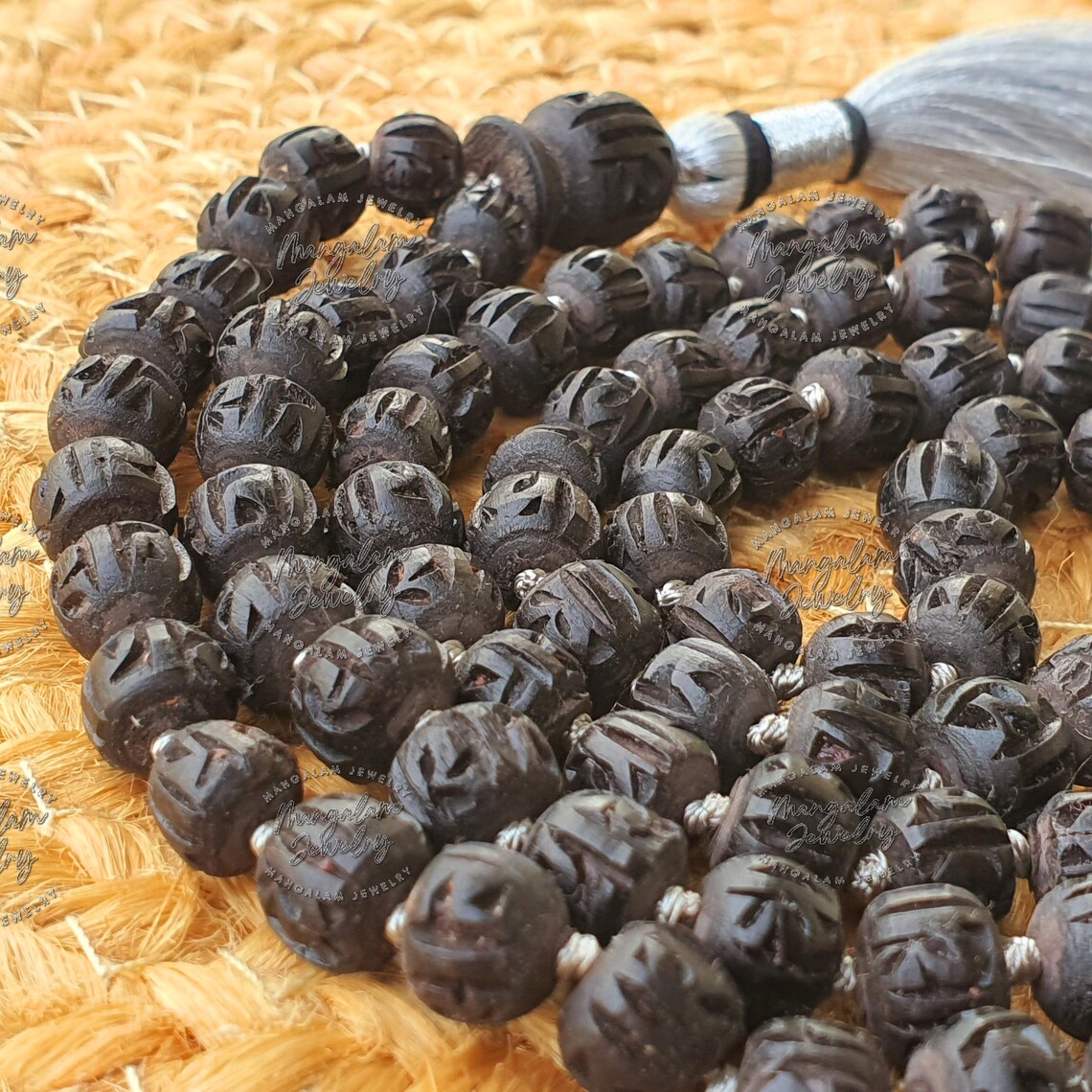 Radha Engraved Black Tulsi Mala for Rejuvenation, Basil Wood Bead Mala ...