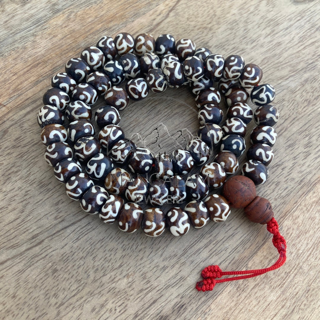 Om Engraved Black Yak Bone Skull Mala, Kapala Prayer Beads, Protection ...