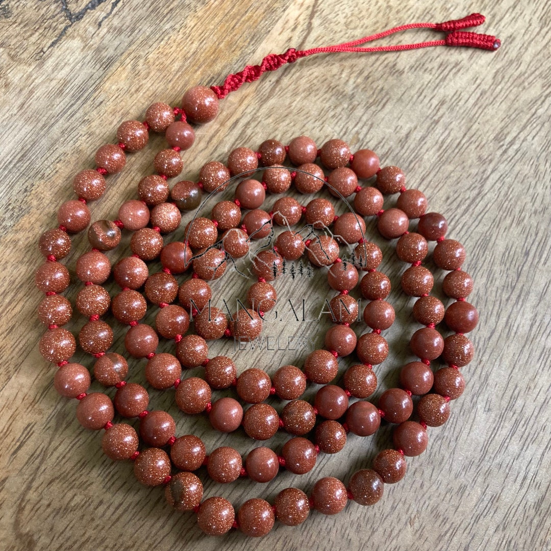 Red Sun Stone Mala Beads | 108 Mala Necklace | Knotted Mala | Tibetan ...