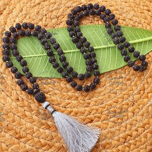 Radha Engraved Black Tulsi Mala for Rejuvenation, Basil Wood Bead Mala ...