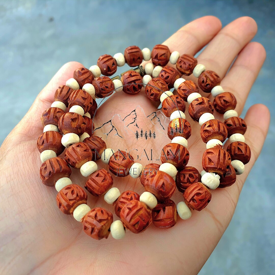 Radha Engraved Light Brown Tulsi Mala, Basil Wood 1 Round Handmade ...