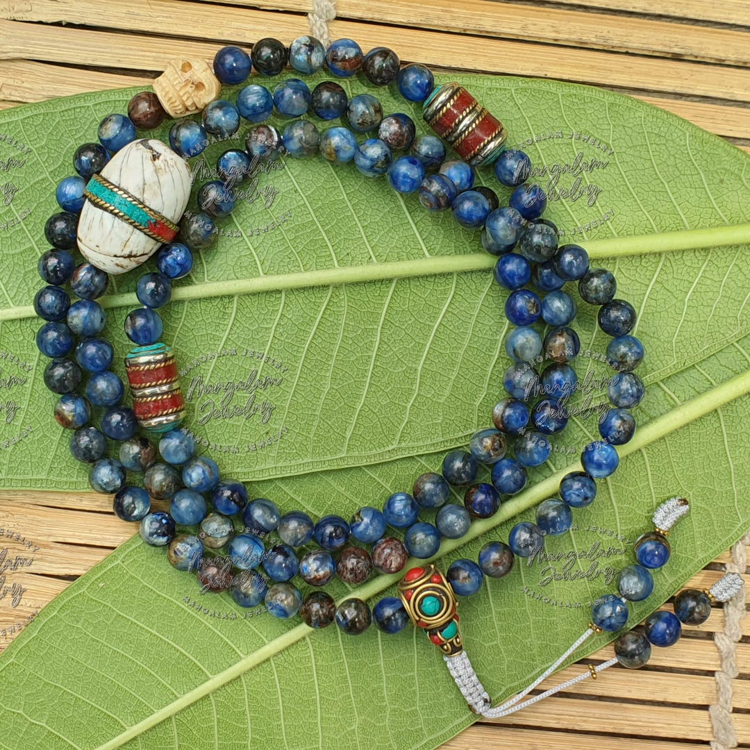 Kyanite Skull Mala With Conch Bead | 108 Beads Tibetan Meditation ...