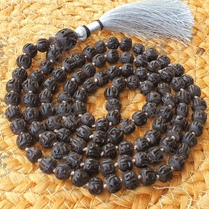 Radha Engraved Black Tulsi Mala for Rejuvenation, Basil Wood Bead Mala ...