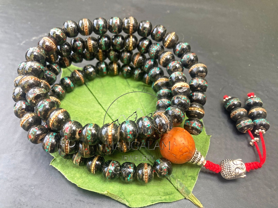 Inlayed Yak Bone Tibetan Mala, Kapala Prayer Beads, Protection Necklace ...