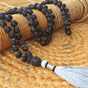 Radha Engraved Black Tulsi Mala for Rejuvenation, Basil Wood Bead Mala ...
