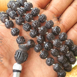 Radha Engraved Black Tulsi Mala for Rejuvenation, Basil Wood Bead Mala ...