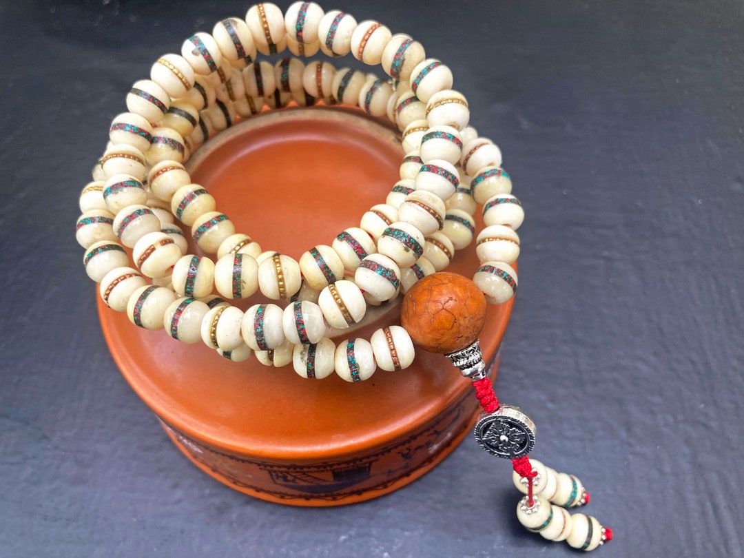 Inlayed Yak Bone Tibetan Mala, Kapala Prayer Beads, Protection Necklace ...