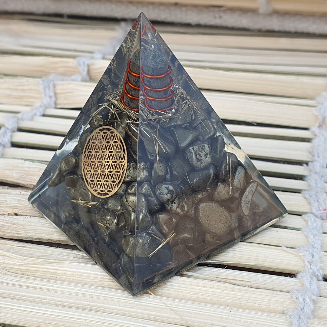 Golden Pyrite Orgone Pyramid With Reiki Sign Fools Gold Pyrite Orgonite ...