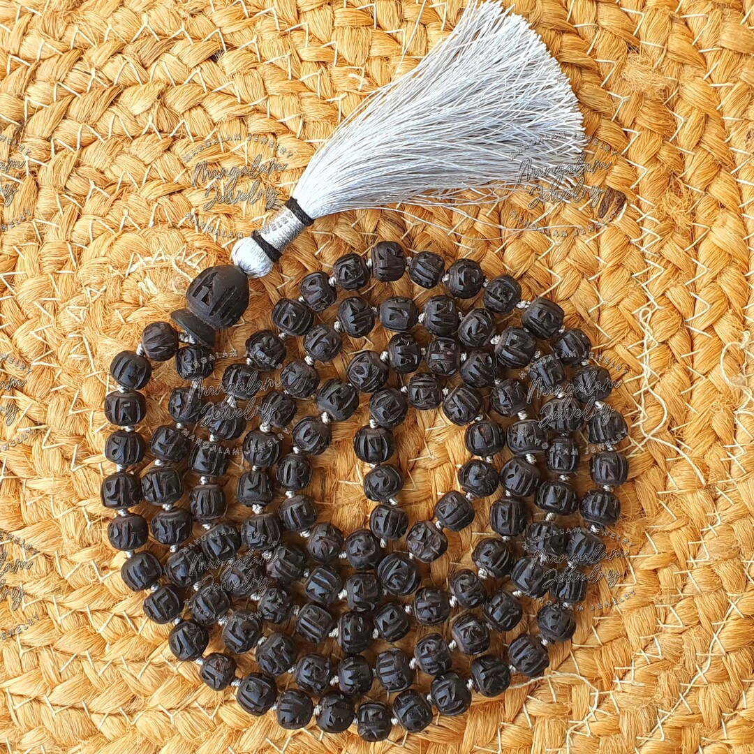 Radha Engraved Black Tulsi Mala for Rejuvenation, Basil Wood Bead Mala ...