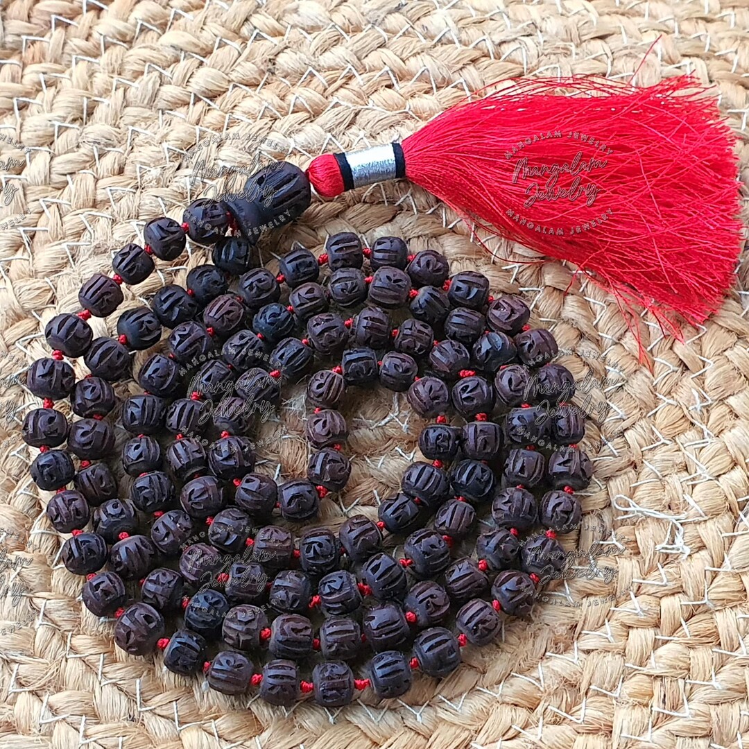 Radha Engraved Black Tulsi Mala for Rejuvenation, Basil Wood Bead Mala ...