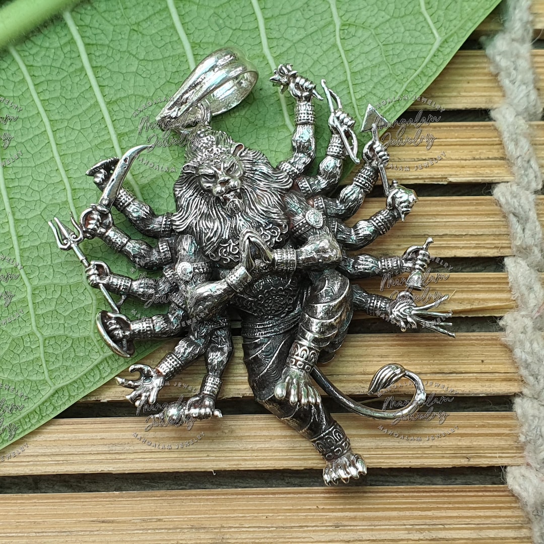 12-armed Lord Narasimha Pendant in Pure Silver | Vishnu Avatar Amulet ...