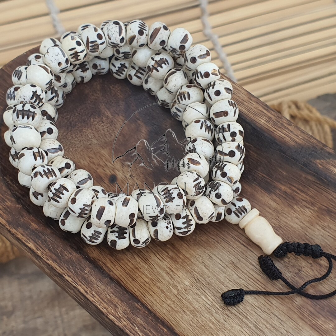 108 Skull Prayer Mala - Rounded Hand Carved Natural Yak Bone - Japa ...