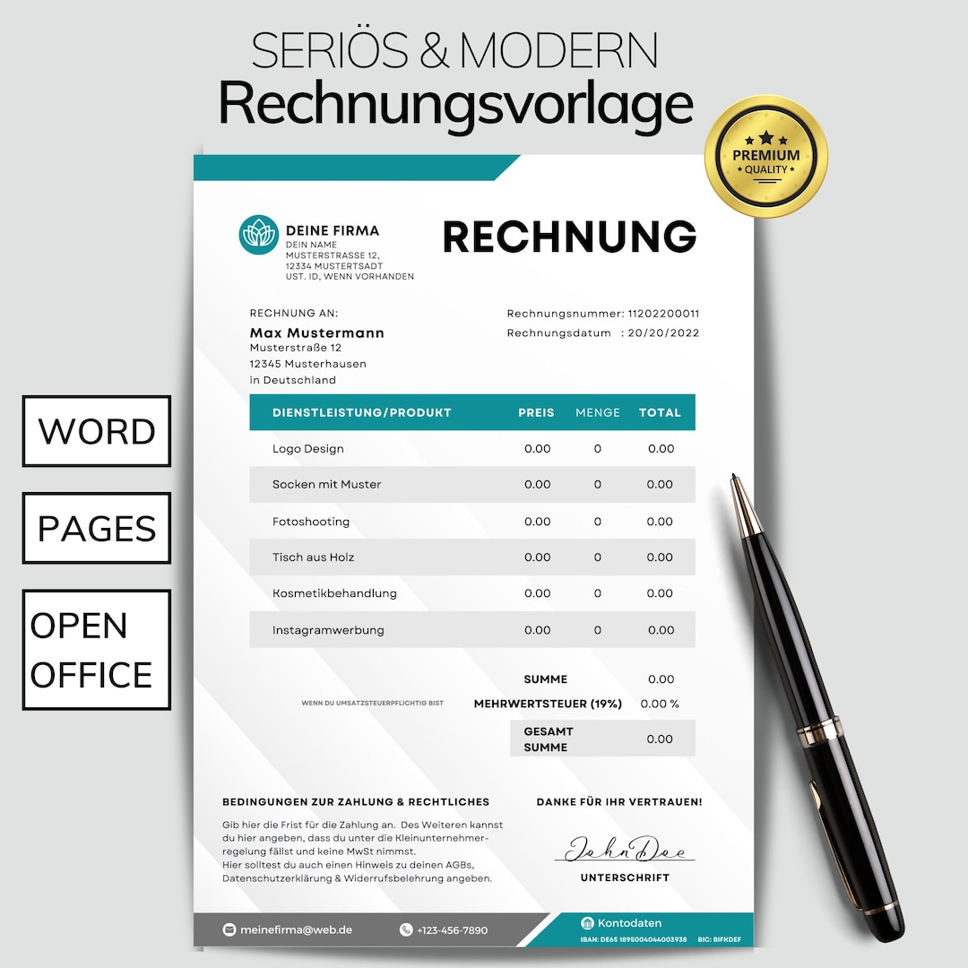 Modern Invoice Template German, Template for Word, Pages & Openoffice ...